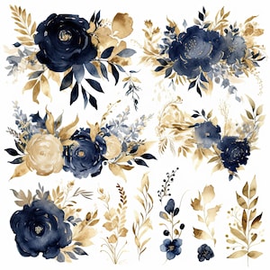 Navy and Gold Floral Clipart - Vintage Blue and Gold Flower Art, Rose ...