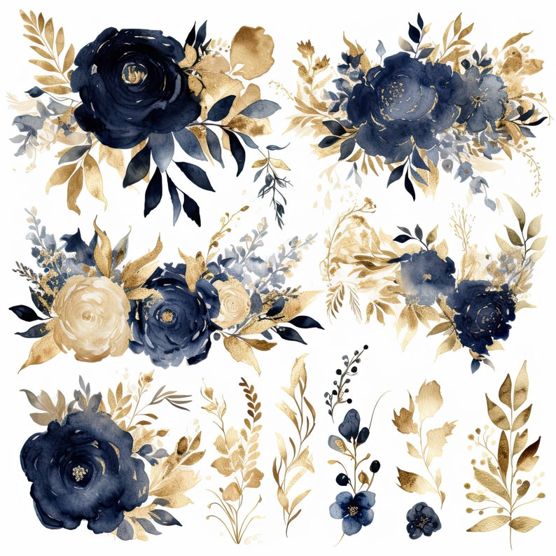 Navy and Gold Floral Clipart Vintage Blue and Gold Flower Art, Rose ...