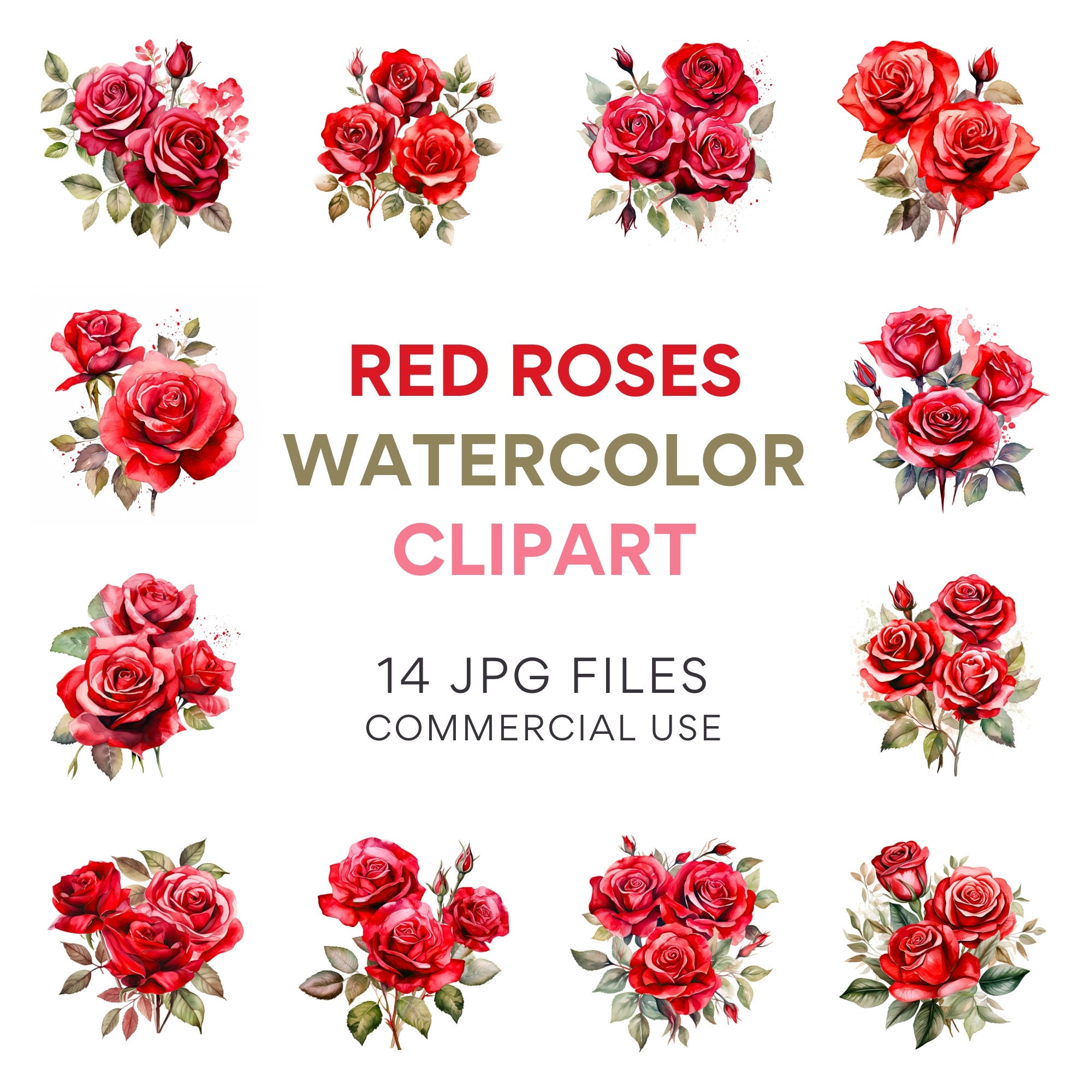 Watercolor Red Roses Clipart, Floral Watercolor Bouquets, Single Rose ...