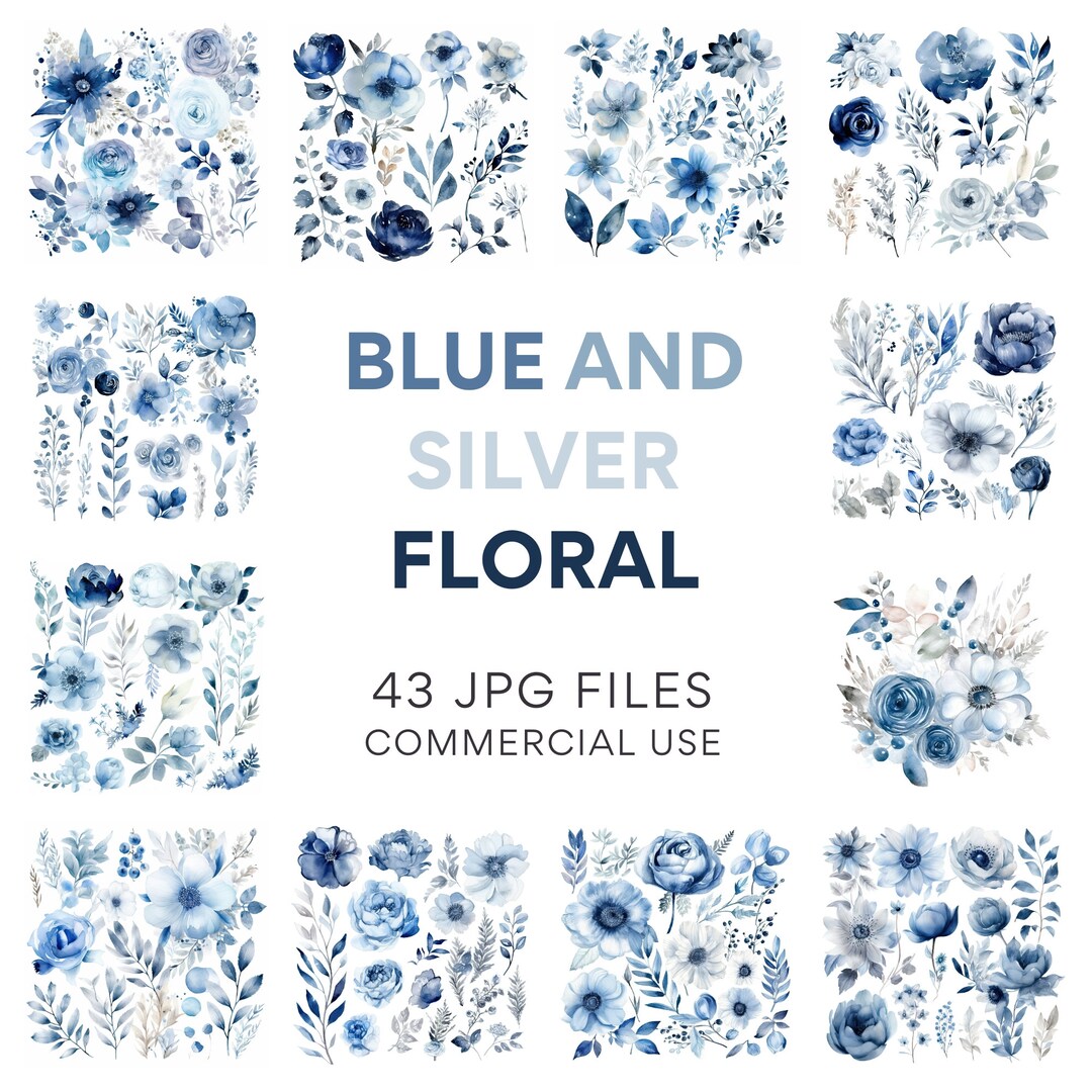 Blue & Silver Floral Clipart, Vintage Blue Flower Art, Glitter Overlay ...