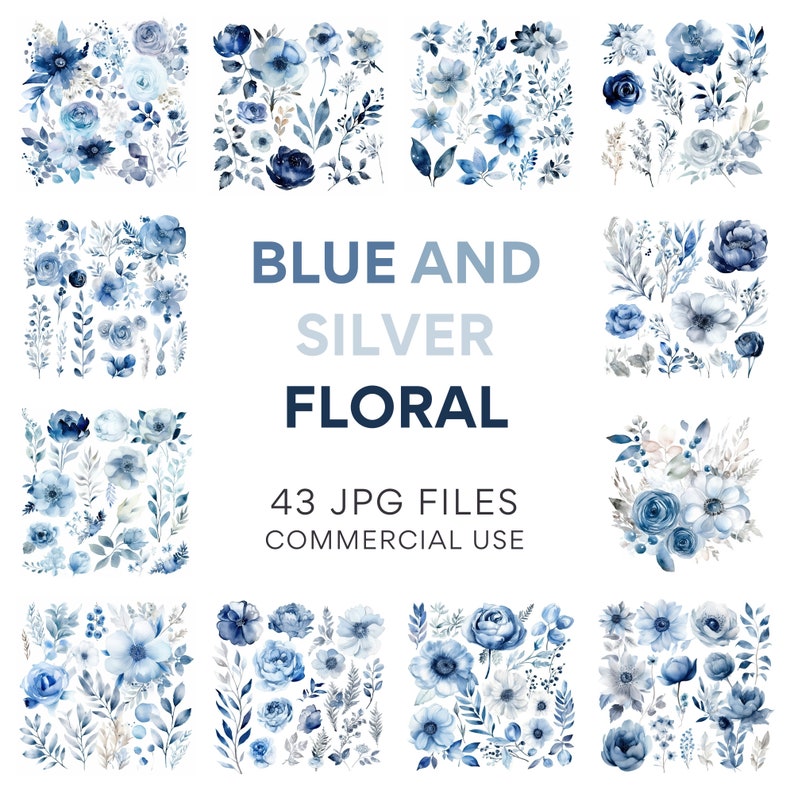 Blue & Silver Floral Clipart, Vintage Blue Flower Art, Glitter Overlay ...