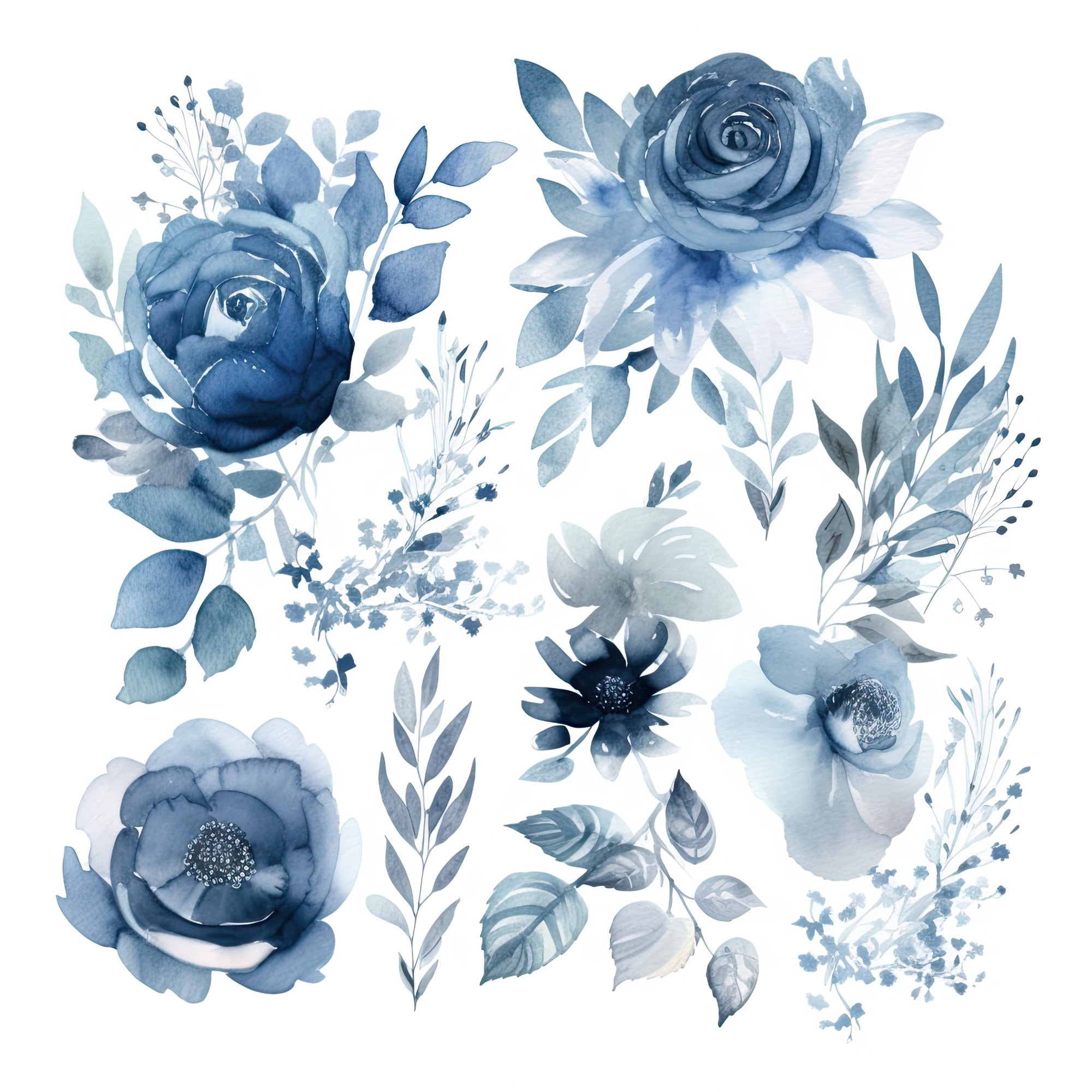 Blue & Silver Floral Clipart, Vintage Blue Flower Art, Glitter Overlay ...