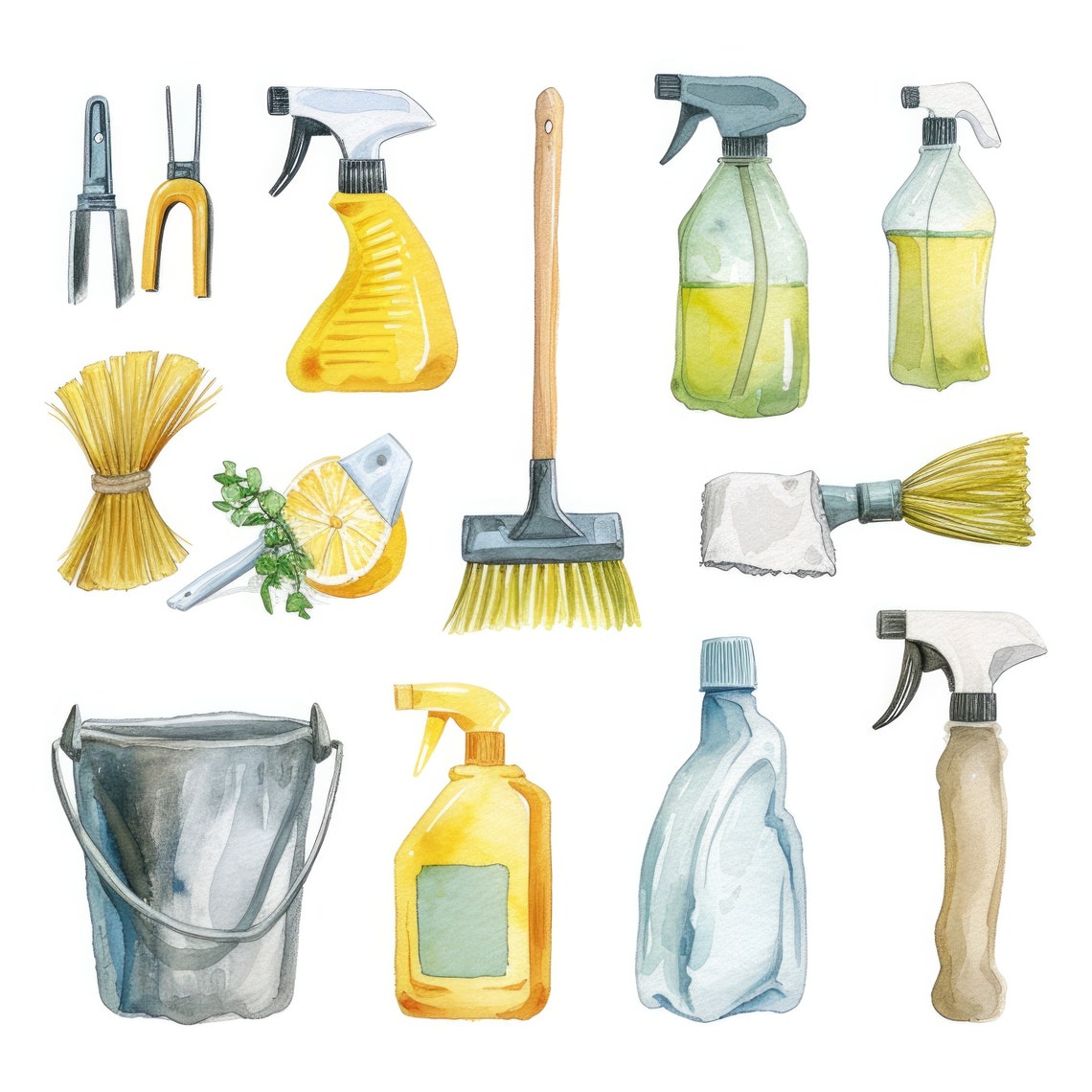 Cleaning Clipart: Watercolor Cleaning Supplies, Laundry Clipart, Hand ...
