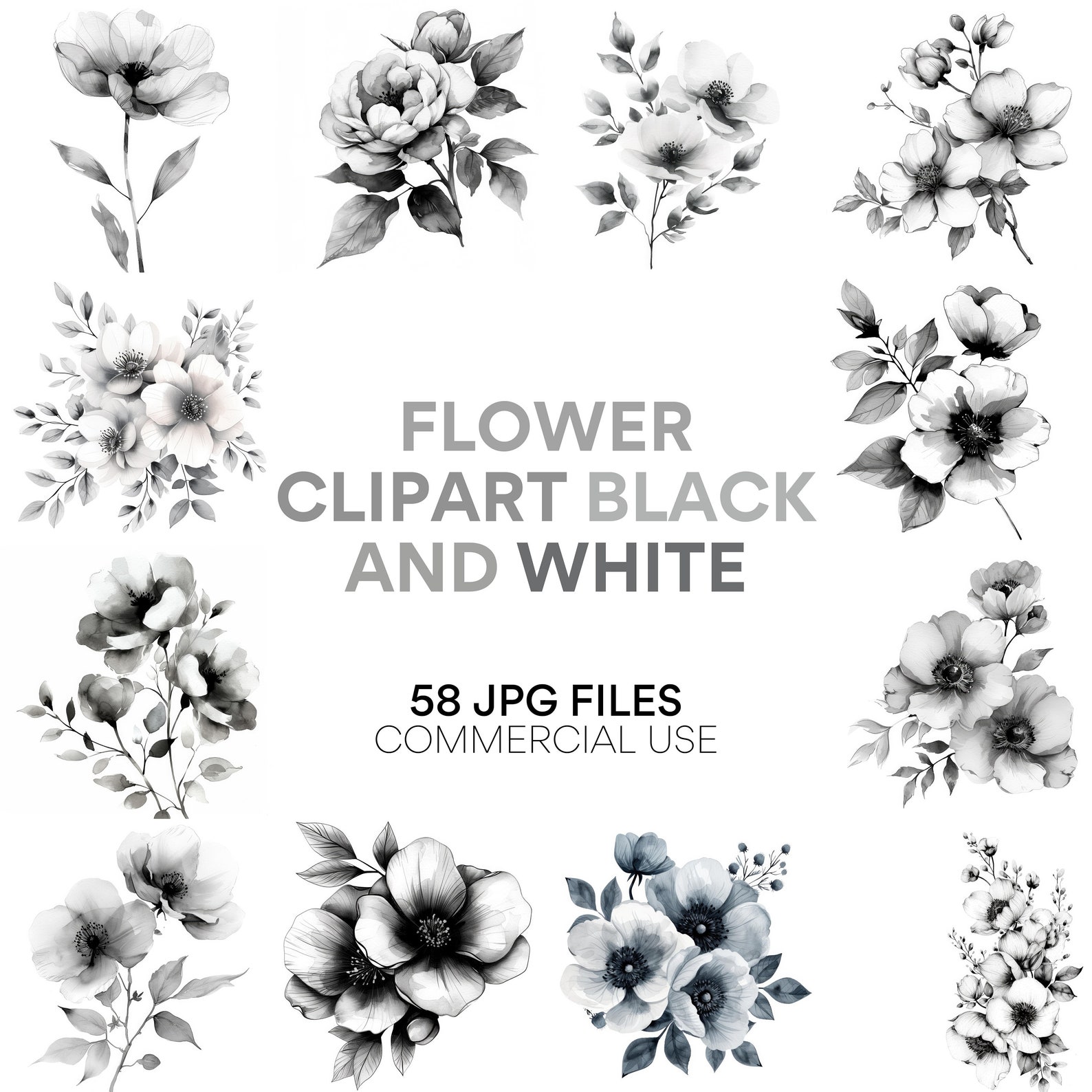 Flower Clipart Black and White | 58 High-quality Jpgs - Watercolor ...
