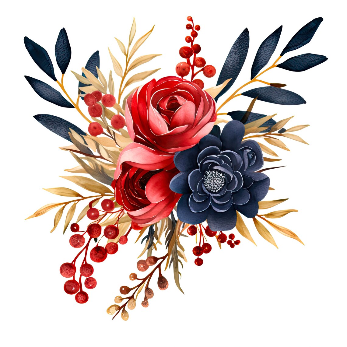 Navy Red and Gold Floral Bouquets Clipart Vintage Flower, Rustic Floral ...