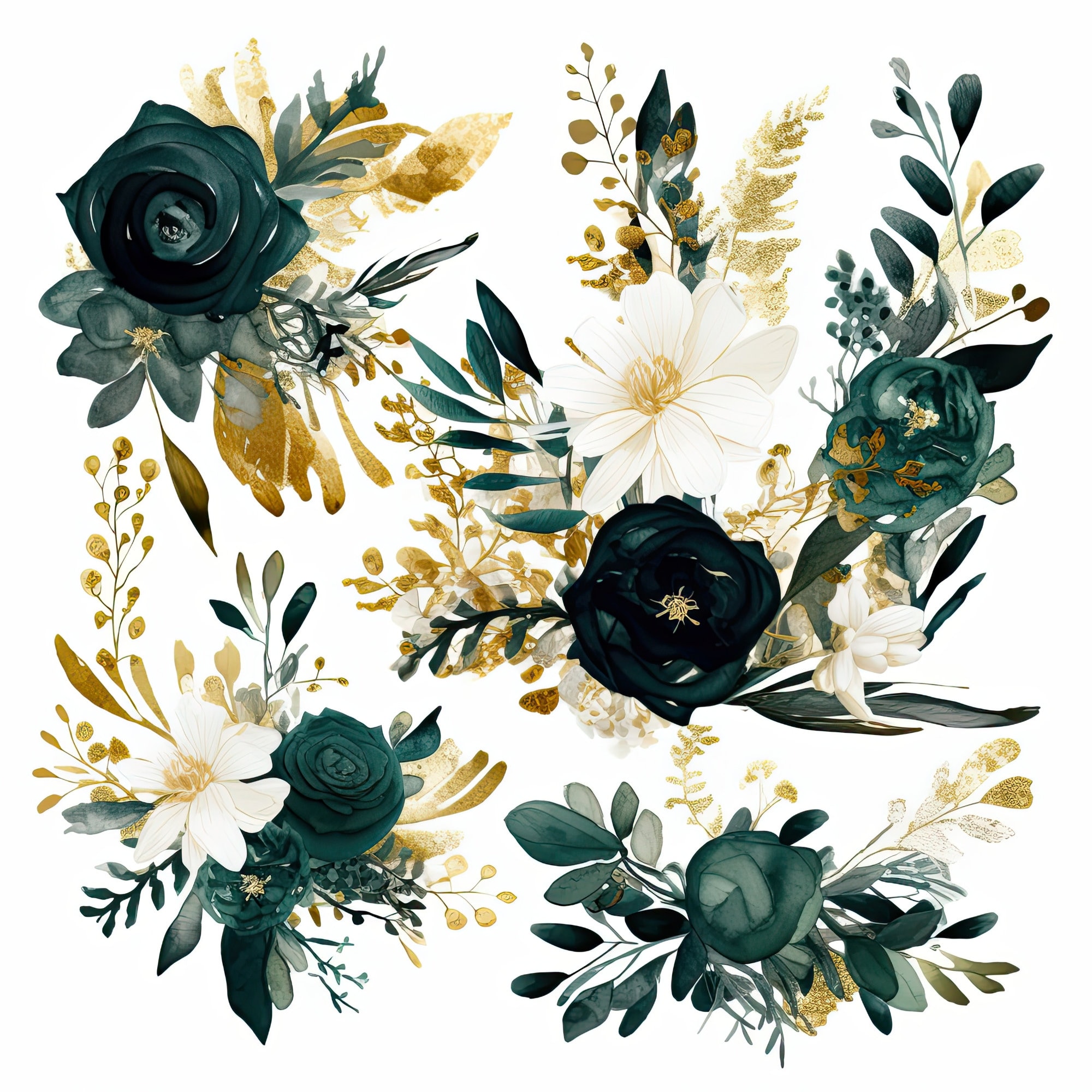 Dark Emerald and Gold Floral Bouquets Clipart Vintage Green Roses, St ...