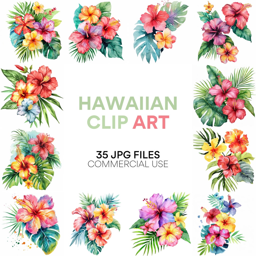 Hawaiian Clip Art: Watercolor Luau, Summer Clipart Bundle - Tropical ...