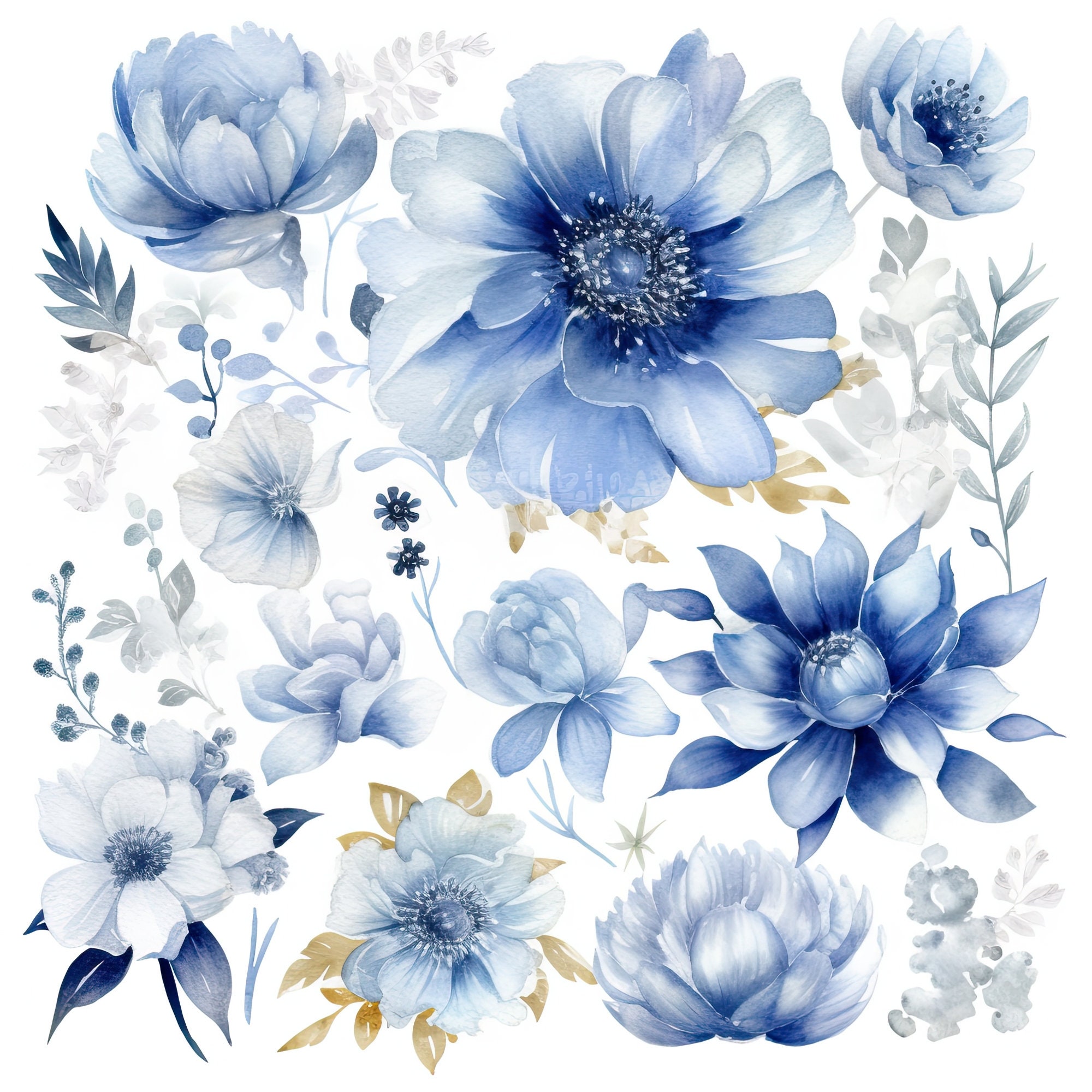 Blue & Silver Floral Clipart, Vintage Blue Flower Art, Glitter Overlay ...