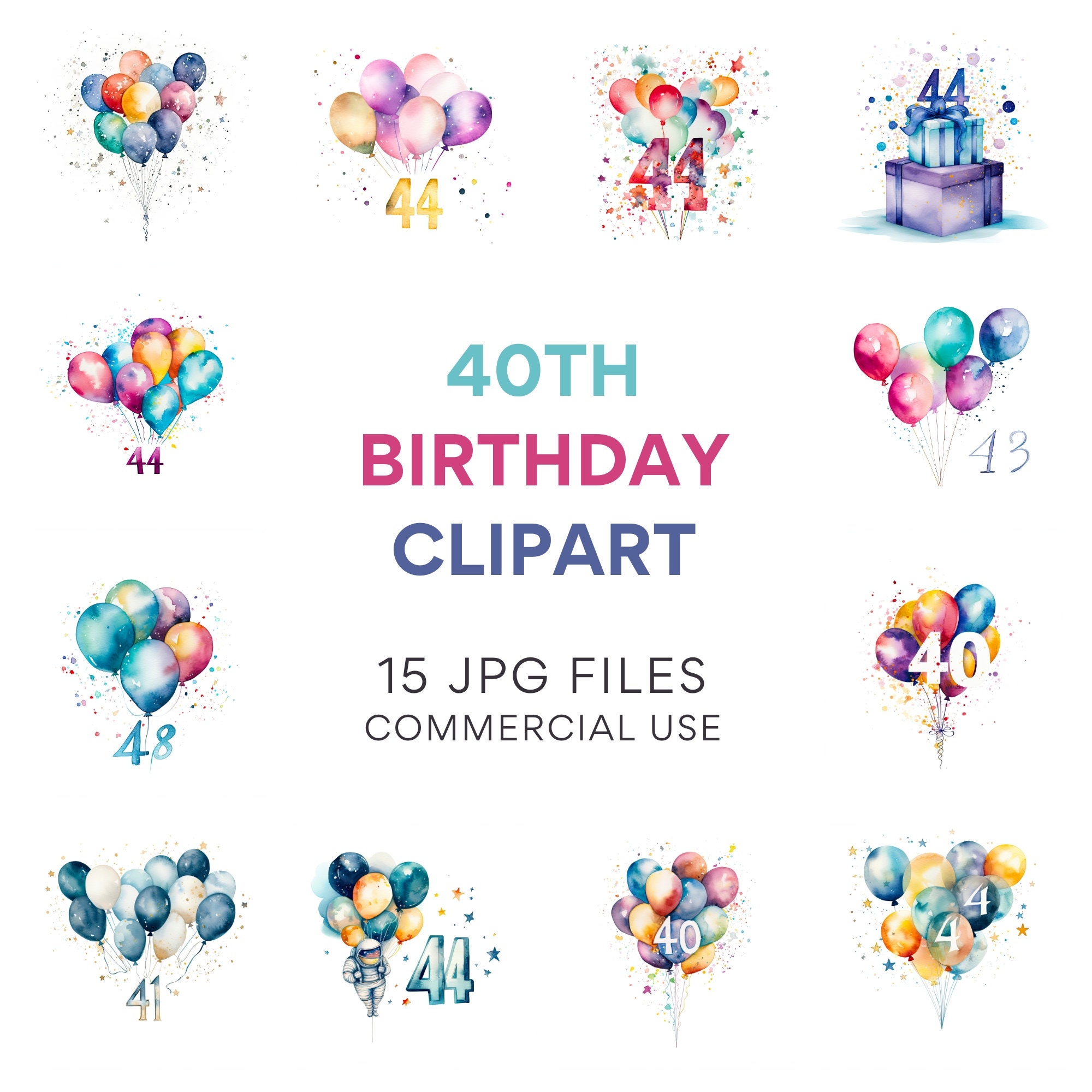 40th Birthday Clipart 15 High-quality Jpgs Watercolor, Digital Planners ...