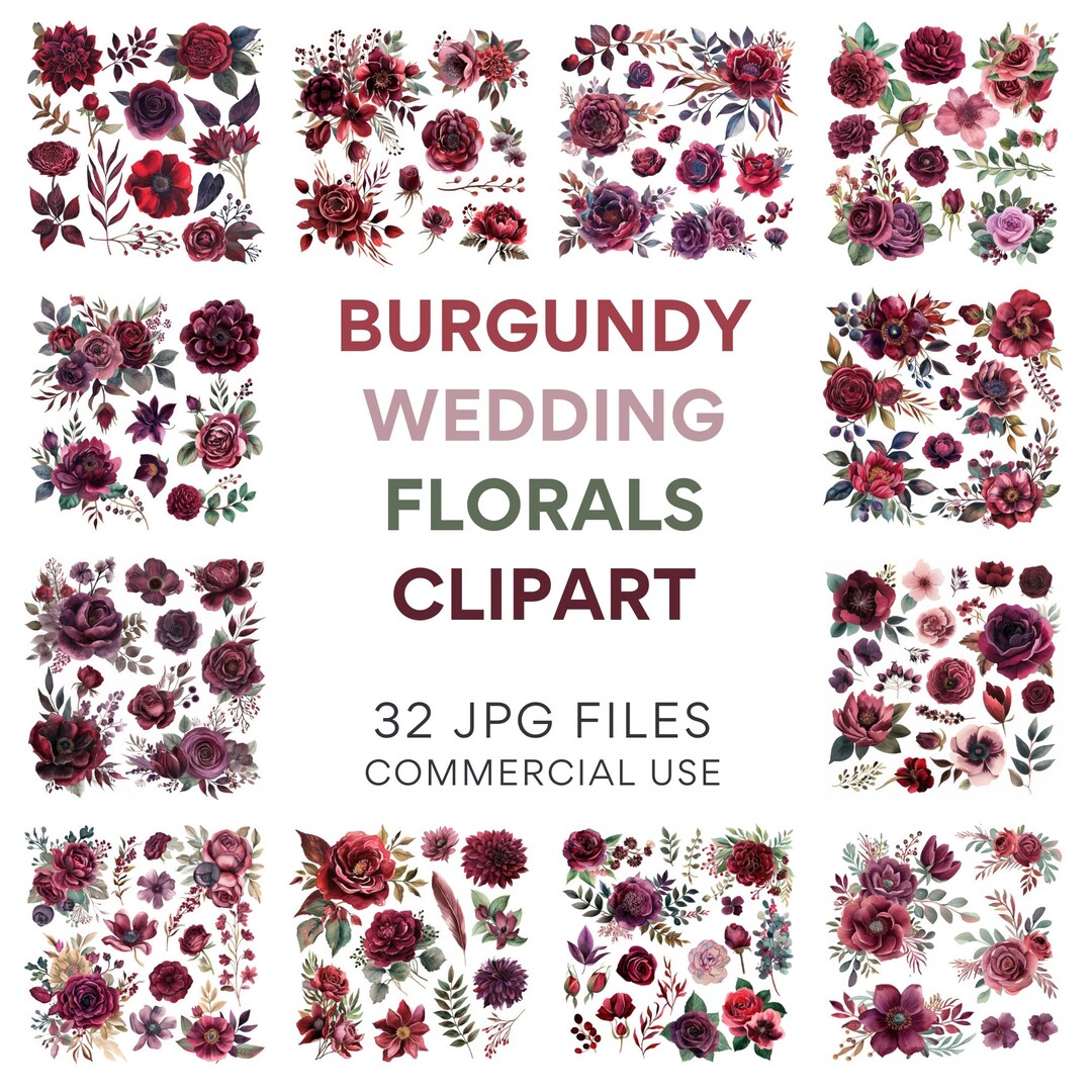 Burgundy Wedding Florals Clipart: Vintage Flower & Rustic Roses Design ...