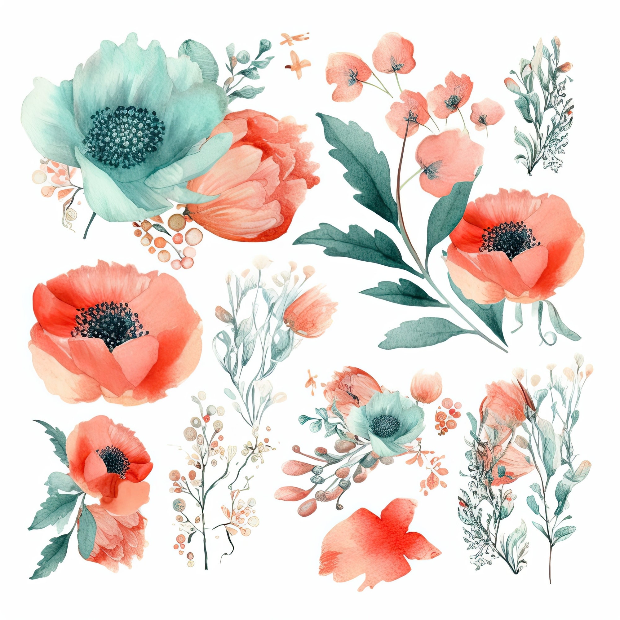 Turquoise and Coral Floral Clipart, Rustic Wedding Flowers, Aqua and ...