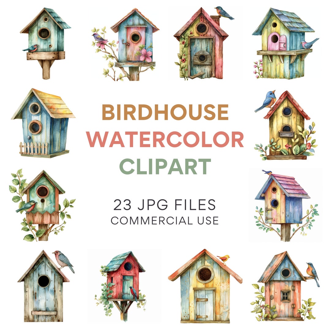 Birdhouse Clipart Pack - Digital Download, Watercolor Birdhouse JPG ...