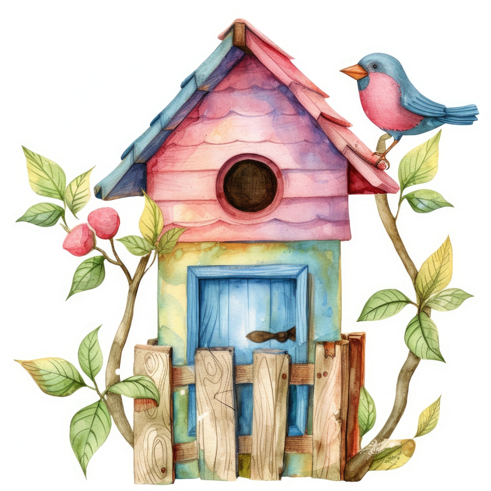 Birdhouse Clipart Pack - Digital Download, Watercolor Birdhouse JPG ...