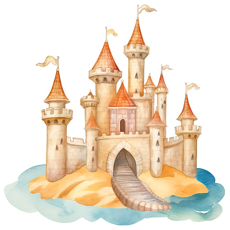 Sand Castle Clip Art: Watercolor Beach & Summer Clipart, Commercial Use ...