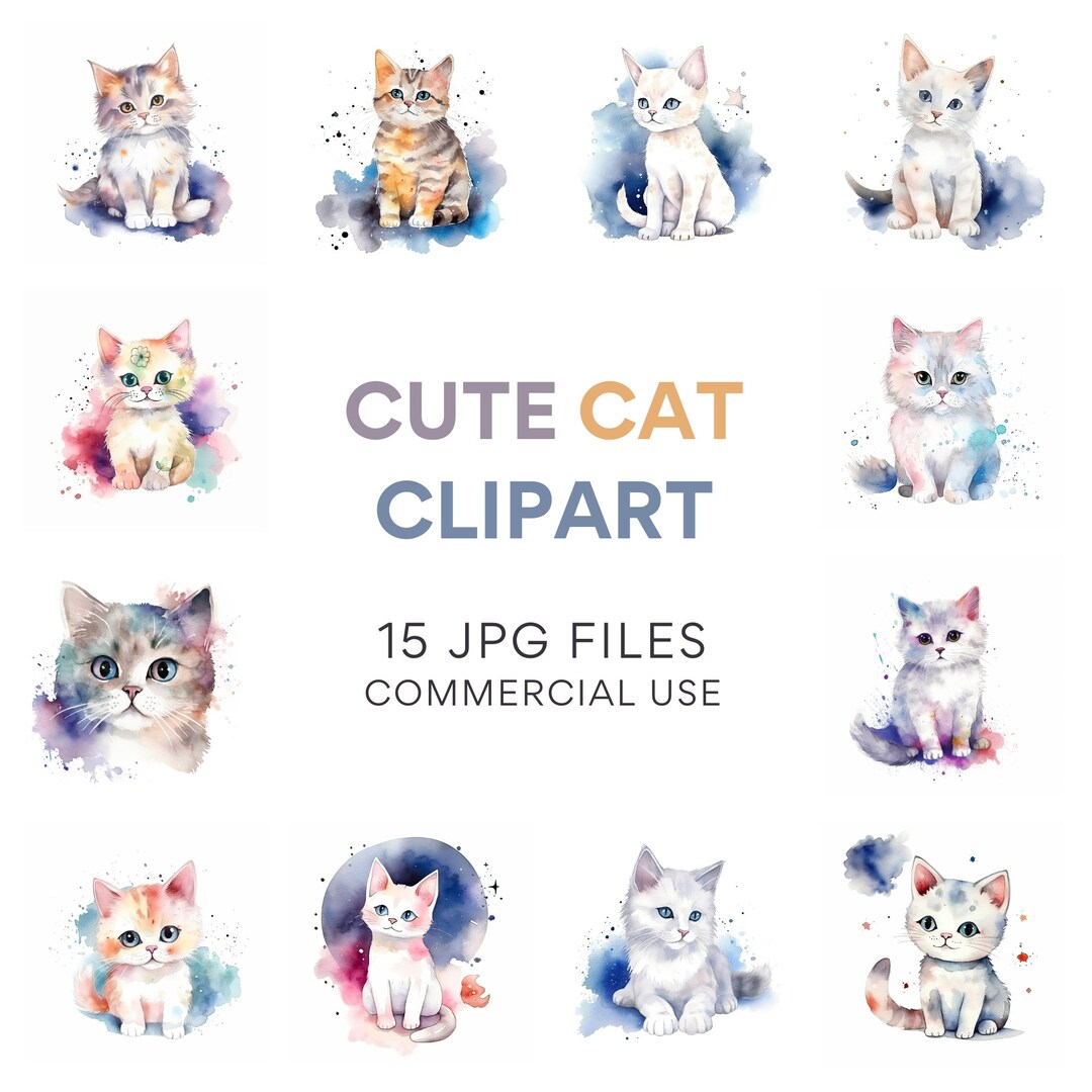 Cute Cat Clipart: Kitten Clipart, Watercolor Painting, Digital Download ...