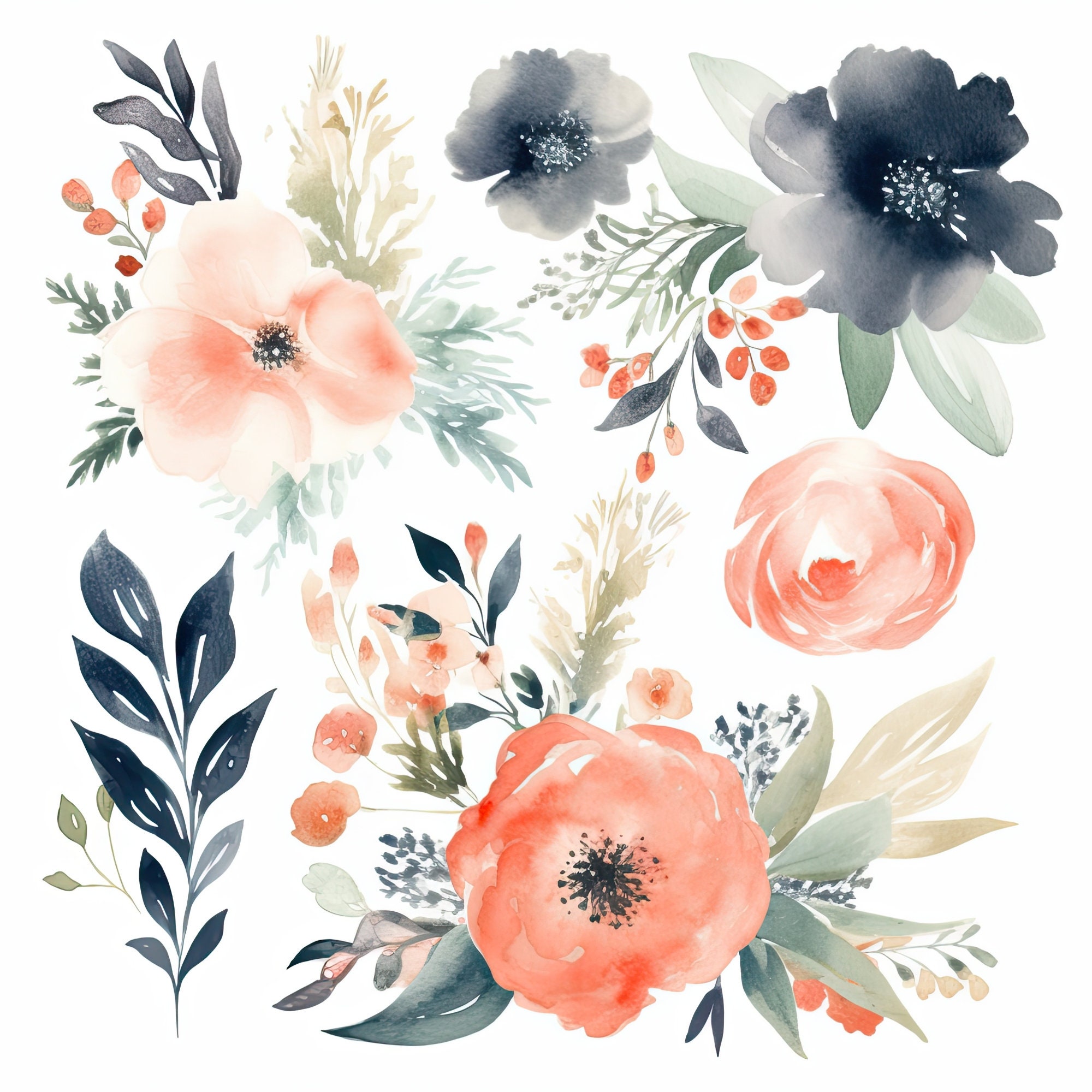 Coral and Navy Floral Clipart - Rustic Vintage Flowers for Wedding ...