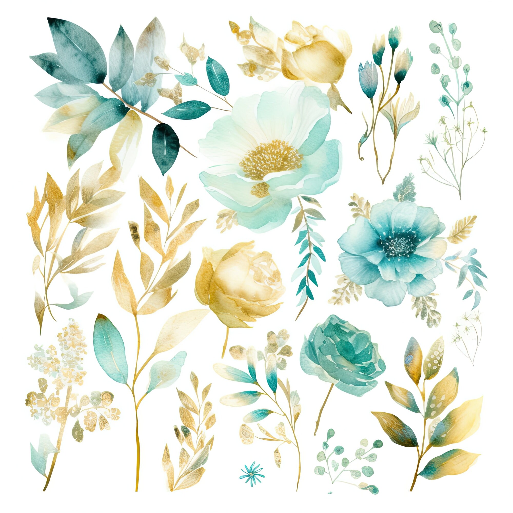 Aqua and Gold Floral Clipart, Aqua Flowers, Watercolor Floral Clip Art ...