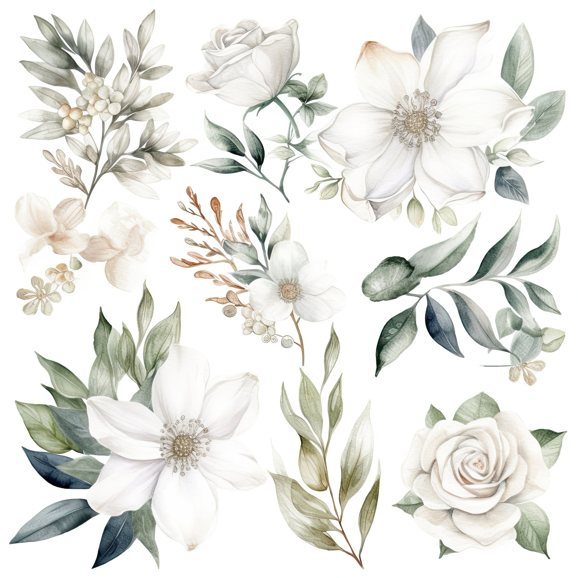 White Wedding Florals Clipart: Rustic Floral Wedding Flowers, White ...