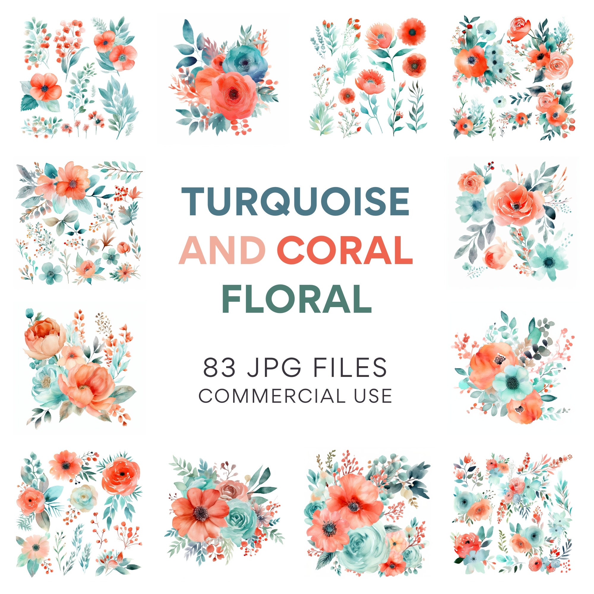 Turquoise and Coral Floral Clipart, Rustic Wedding Flowers, Aqua and ...