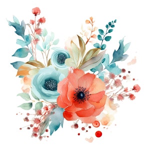 Turquoise and Coral Floral Clipart, Rustic Wedding Flowers, Aqua and ...
