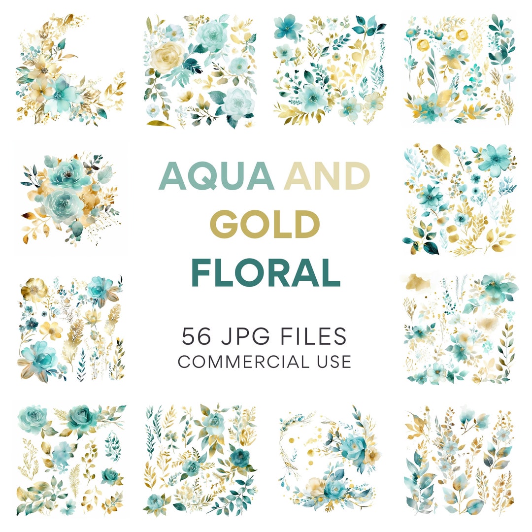 Aqua and Gold Floral Clipart, Aqua Flowers, Watercolor Floral Clip Art ...