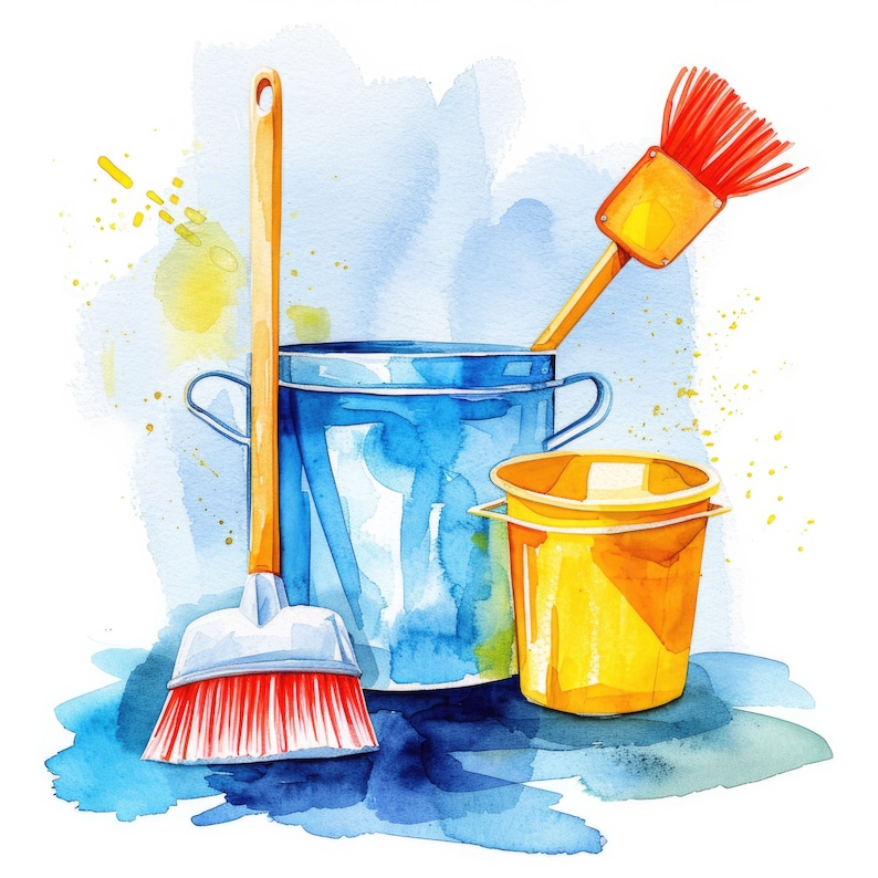 Cleaning Clipart: Watercolor Cleaning Supplies, Laundry Clipart, Hand ...