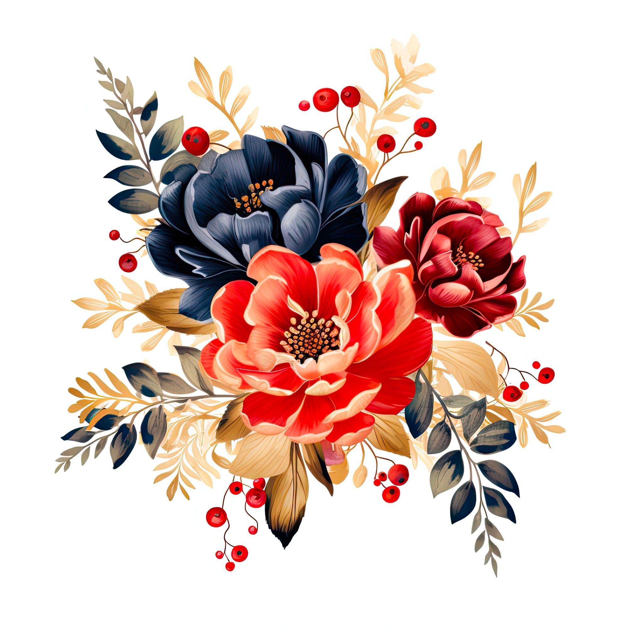 Navy Red and Gold Floral Bouquets Clipart Vintage Flower, Rustic Floral ...