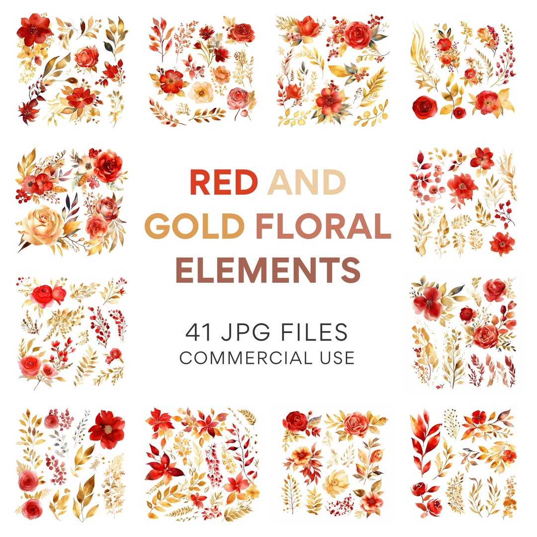 Red and Gold Floral Elements Clipart Create Your Own Rustic Bouquets ...