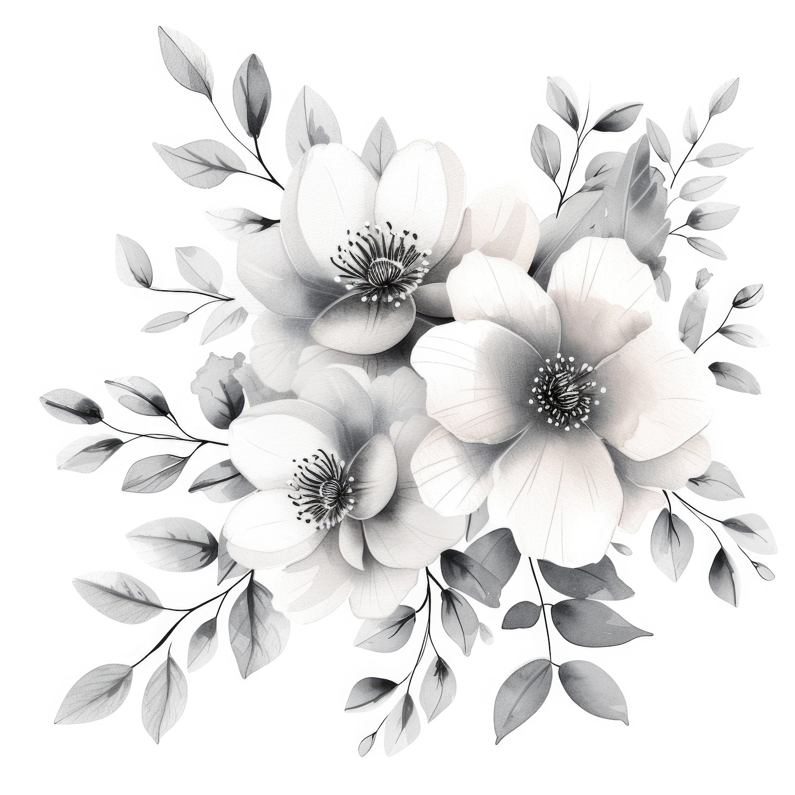 Flower Clipart Black and White | 58 High-quality Jpgs - Watercolor ...