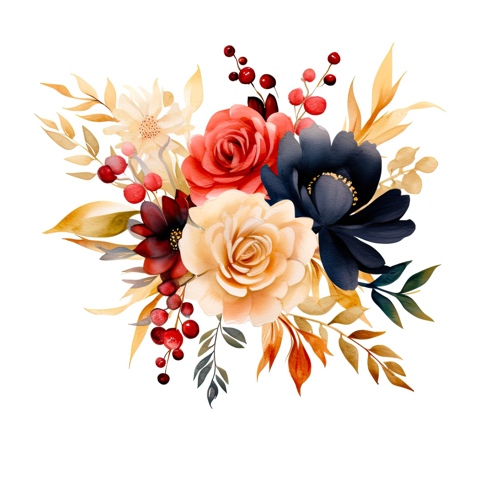 Navy Red and Gold Floral Bouquets Clipart Vintage Flower, Rustic Floral ...