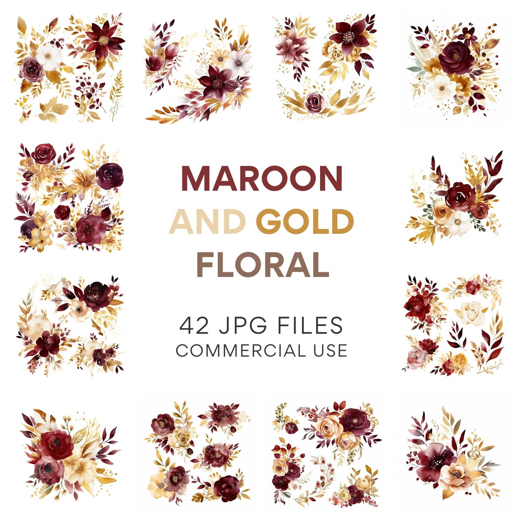 Maroon and Gold Floral Clipart: Rustic Flowers, Maroon Floral Bouquets ...
