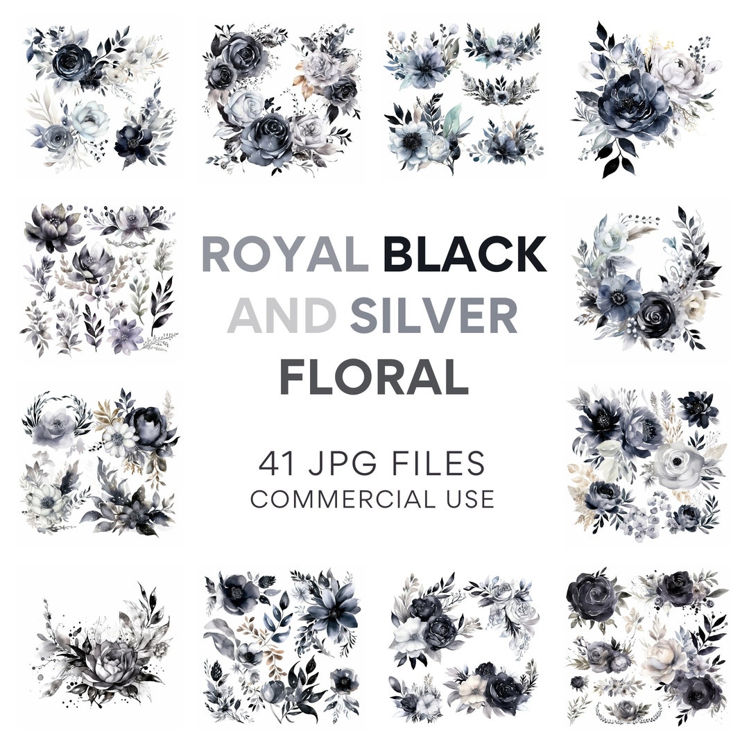 Royal Black and Silver Floral Clipart 41 High-quality Jpgs Watercolor ...