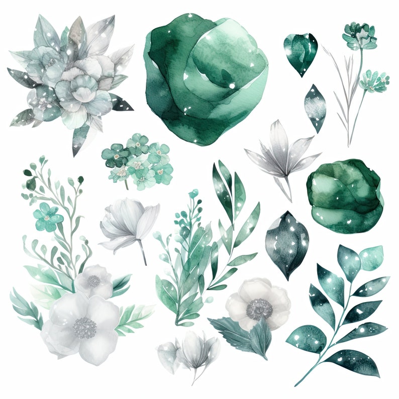Emerald and Silver Floral Clipart: Rose & Green Bouquets, Vintage ...