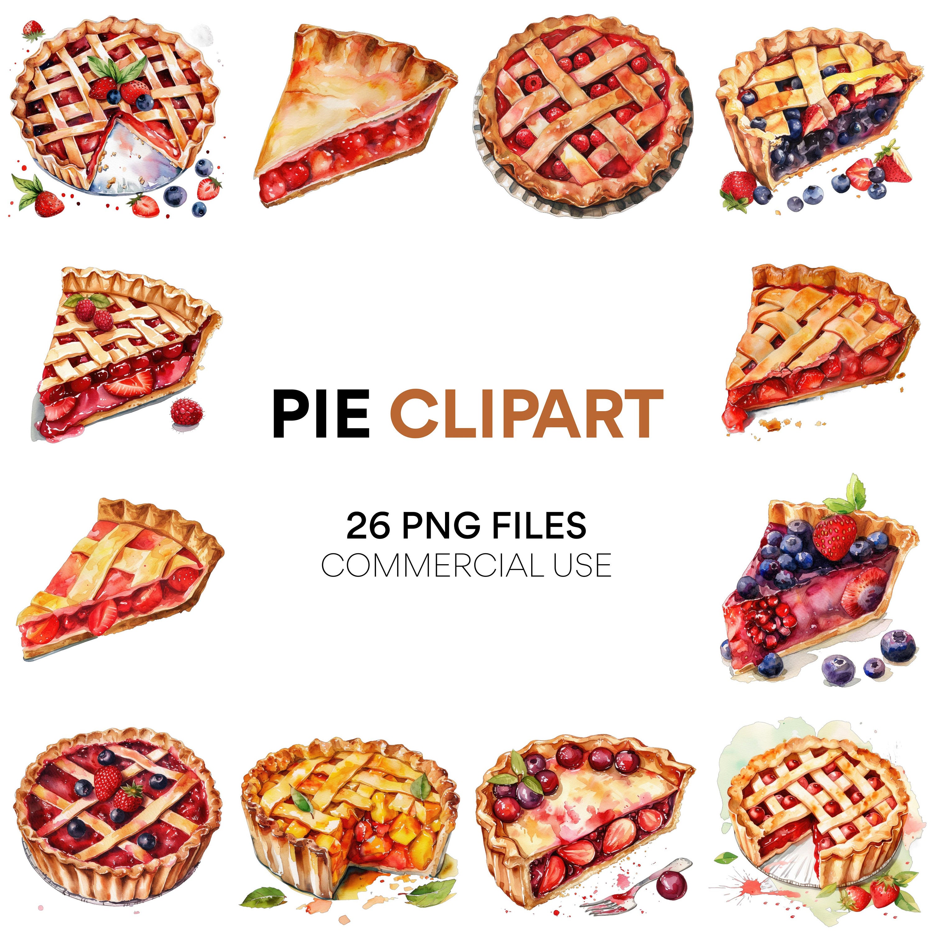 Pie Clipart Variety: Watercolor Food Clipart, Apple & Blueberry Pie PNG ...