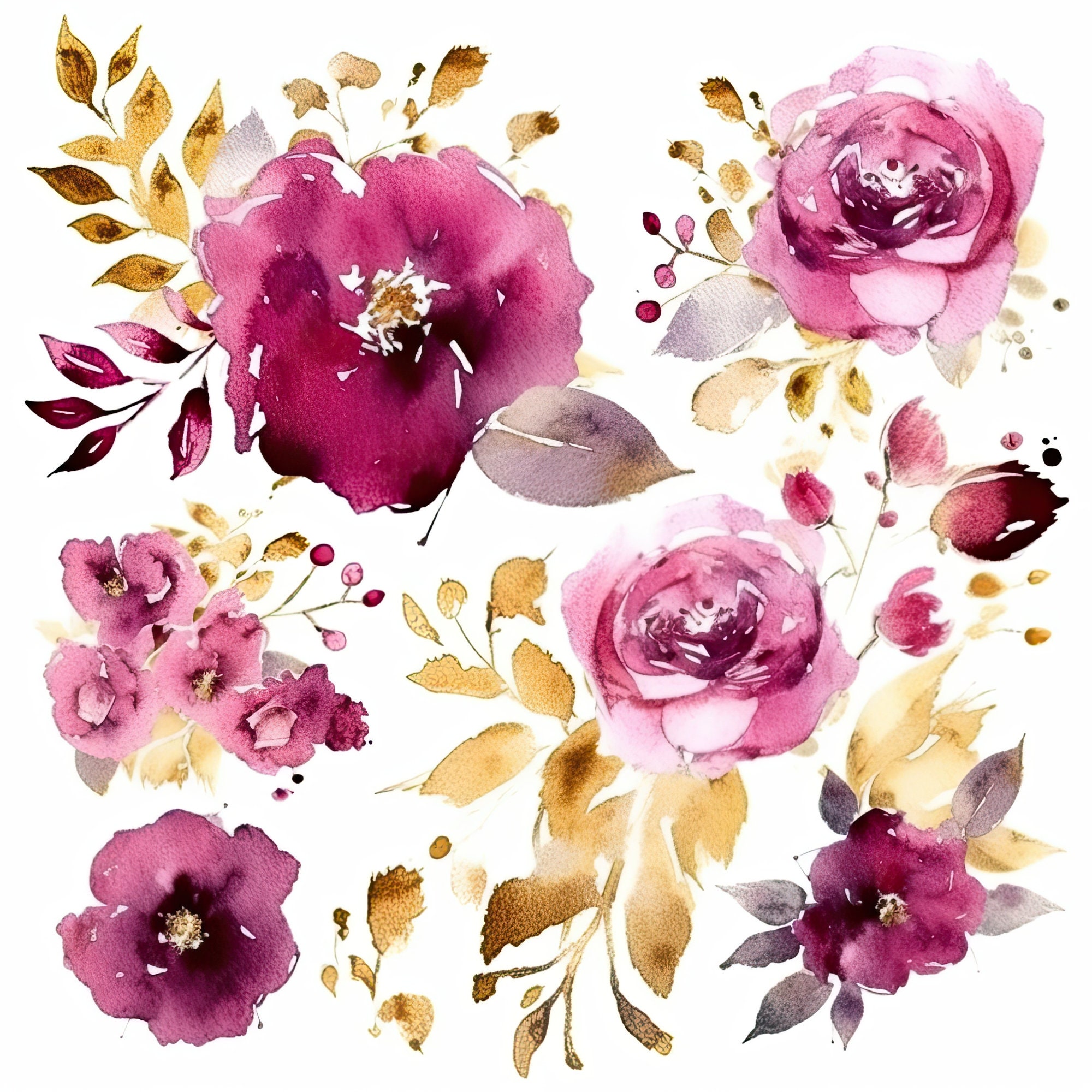 Magenta and Gold Floral Clipart: Vintage Flowers, Rustic Bouquets ...