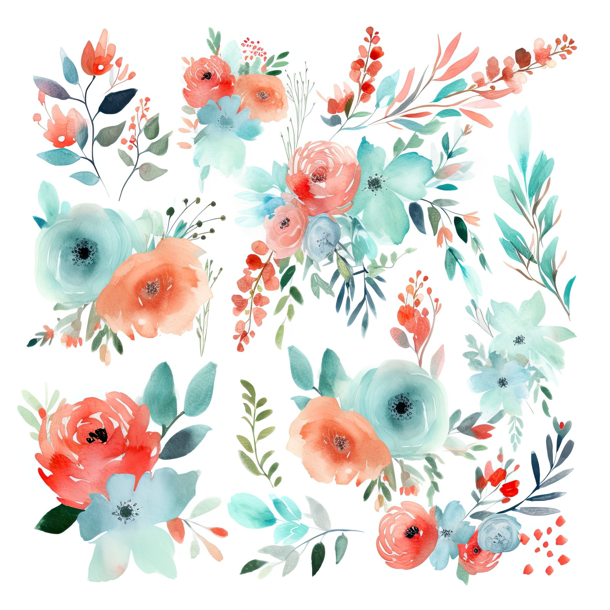 Turquoise and Coral Floral Clipart, Rustic Wedding Flowers, Aqua and ...