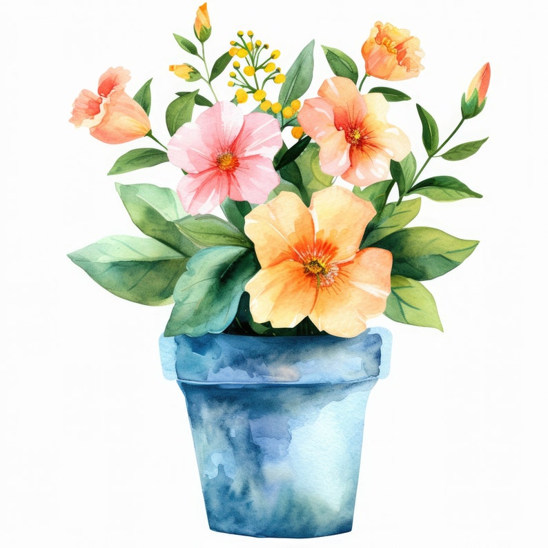 Flower Pot Clipart: Watercolor Potted Plant Images, Cute Plants Digital ...