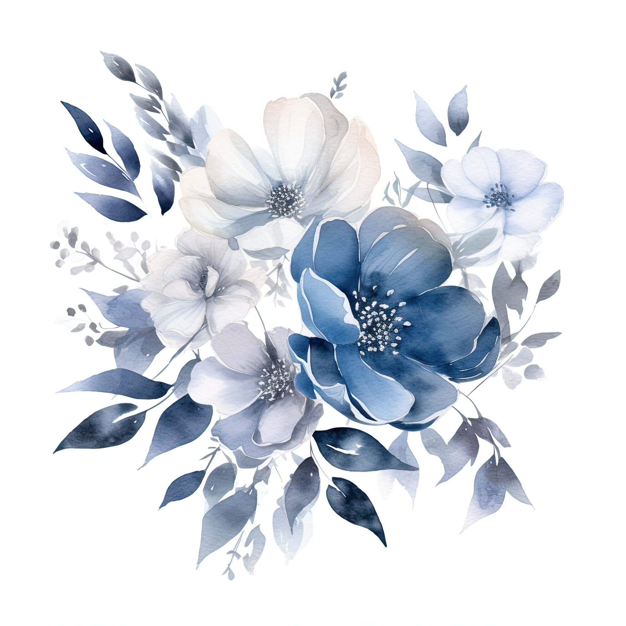 Blue & Silver Floral Clipart, Vintage Blue Flower Art, Glitter Overlay ...