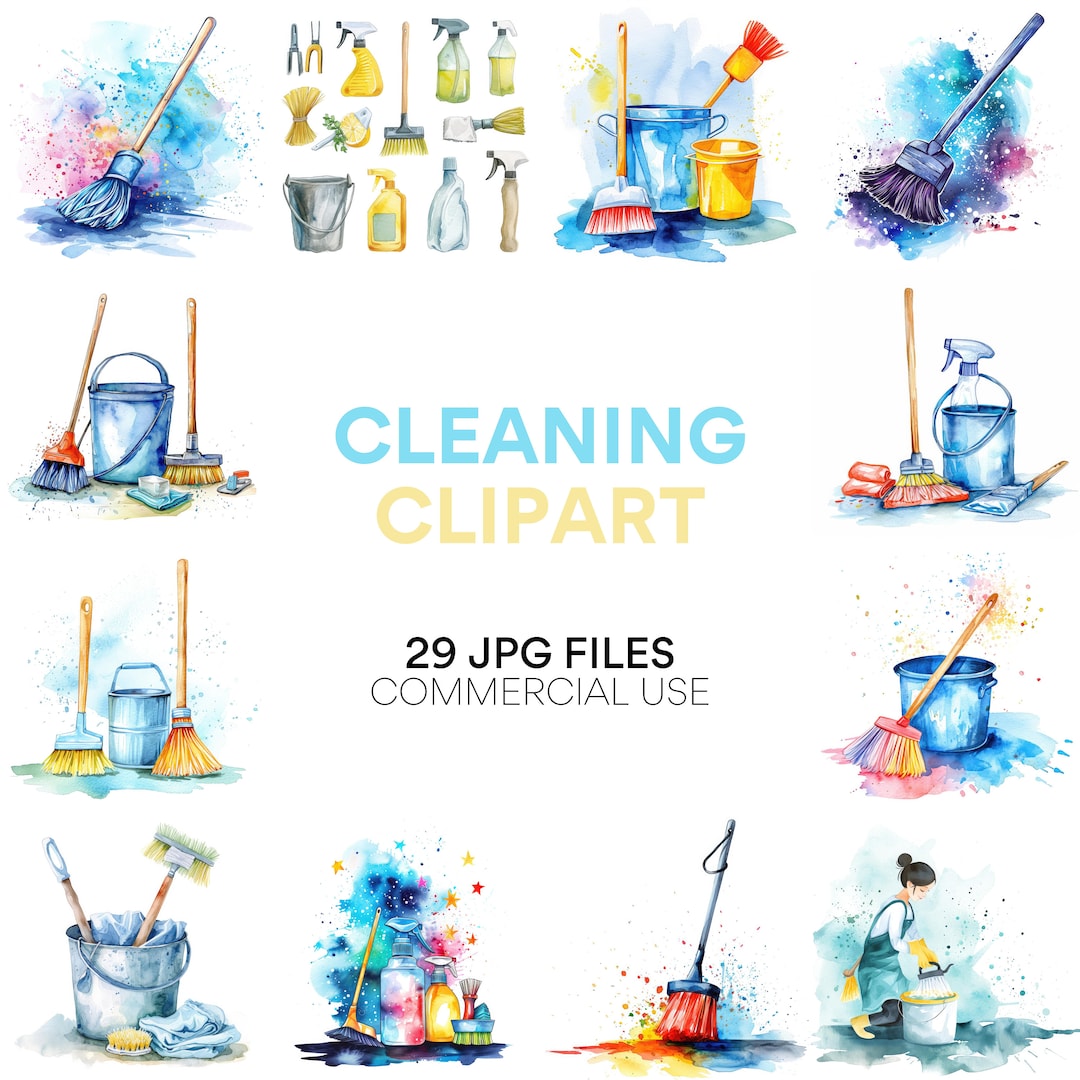 Cleaning Clipart: Watercolor Cleaning Supplies, Laundry Clipart, Hand ...