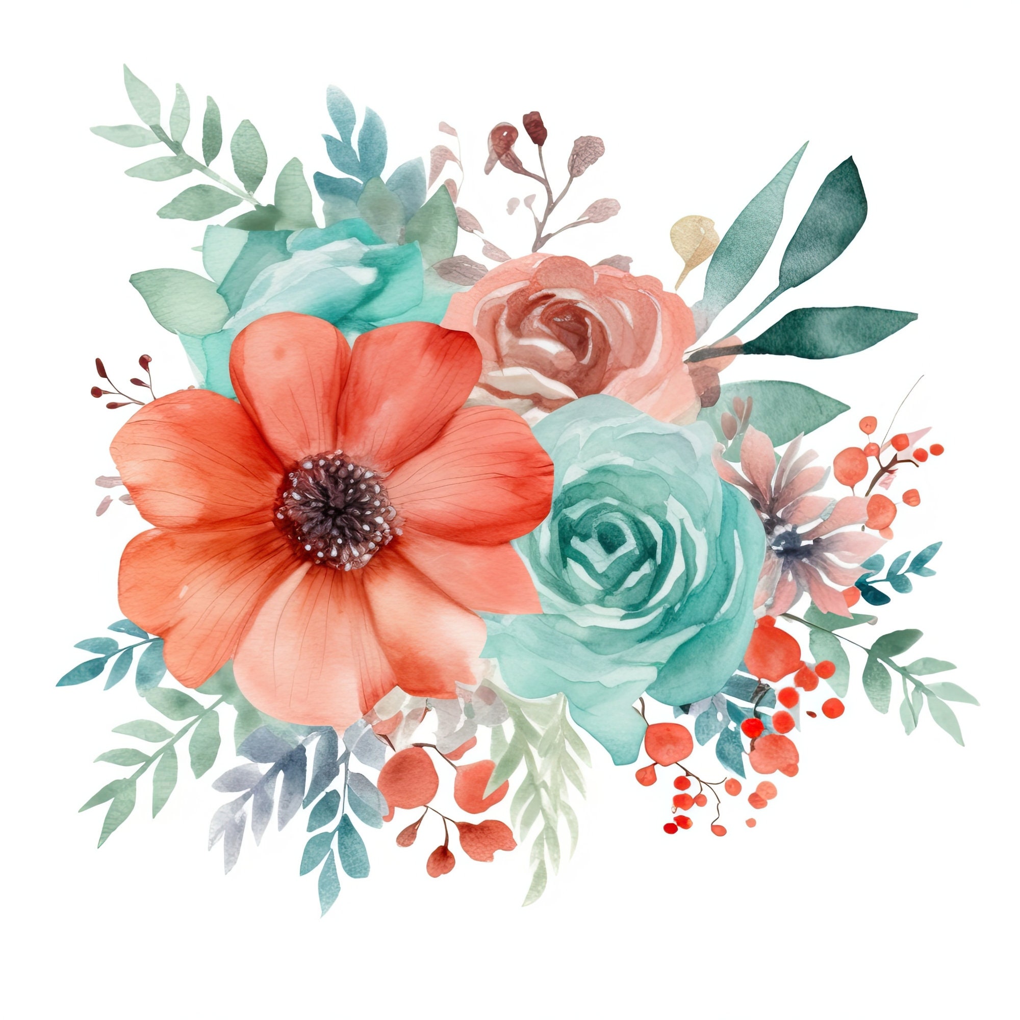Turquoise and Coral Floral Clipart, Rustic Wedding Flowers, Aqua and ...