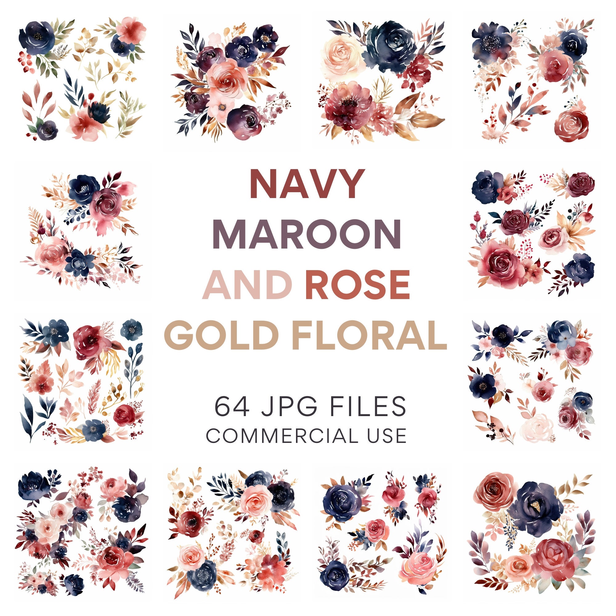 Navy Maroon and Rose Gold Floral Clipart 64 High-quality Jpgs ...