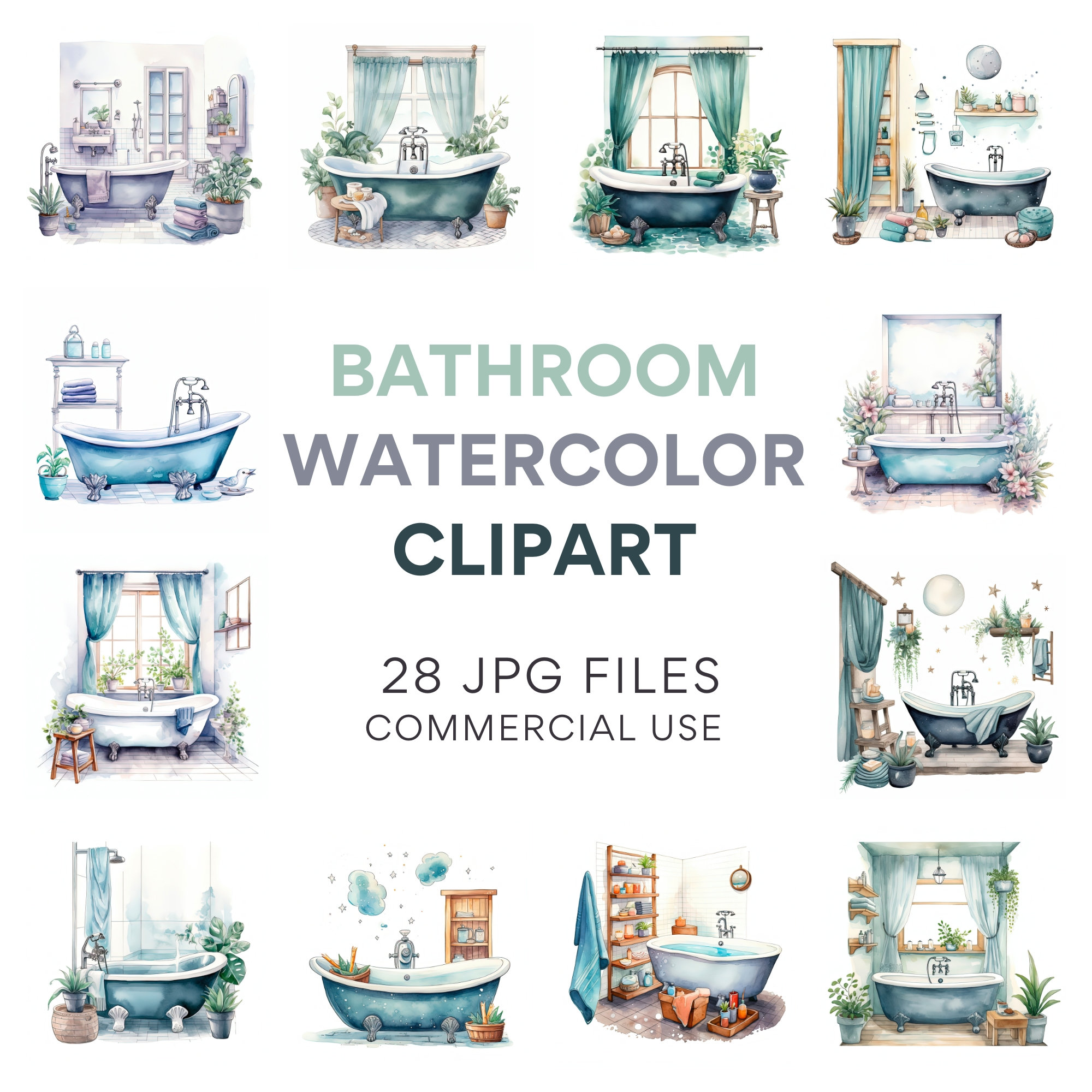 Bathroom Clip Art Bundle: Commercial Use, Watercolor Bathtub Clipart ...