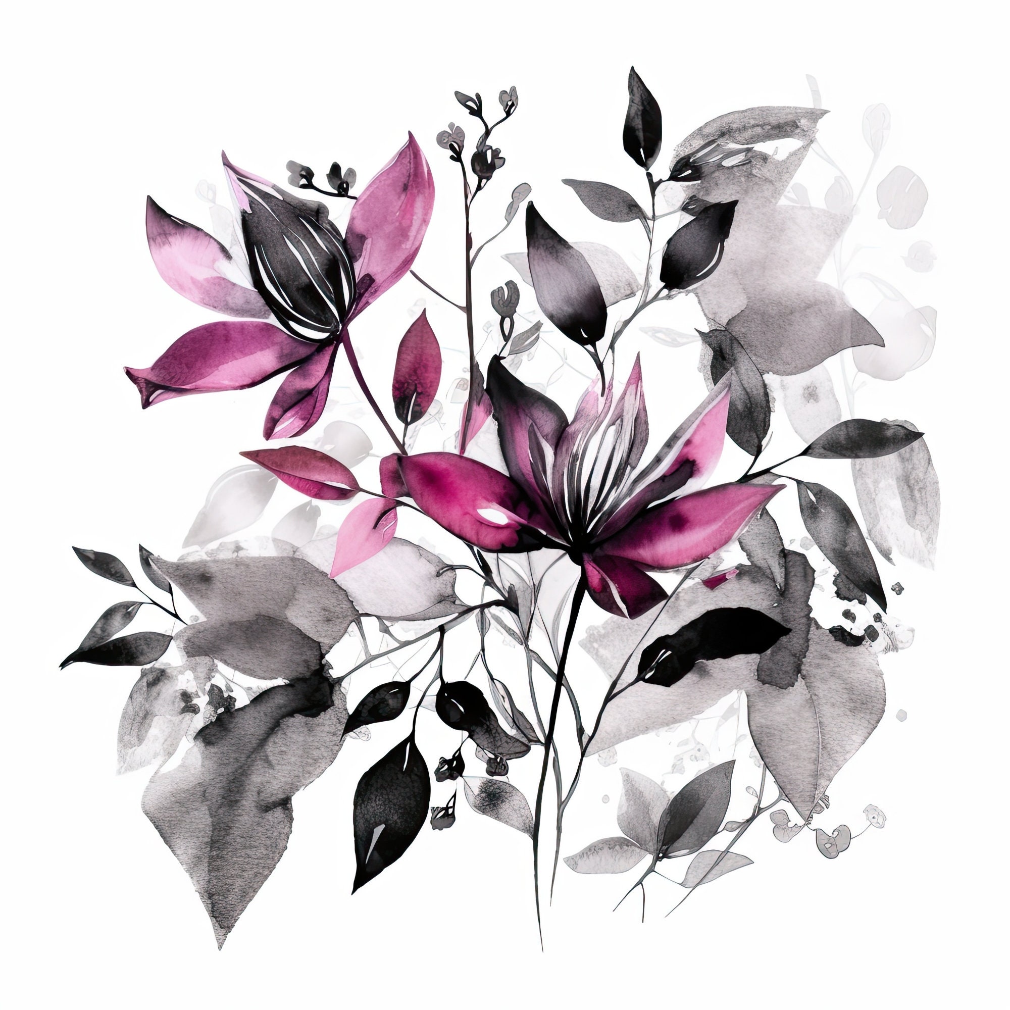 Fuchsia Black & Silver Floral Clipart: Vintage Watercolor Flower ...