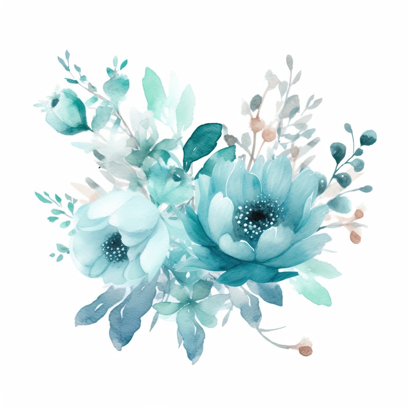Turquoise Bouquets Floral Clipart: Rustic Wedding Vintage Flowers, Teal ...