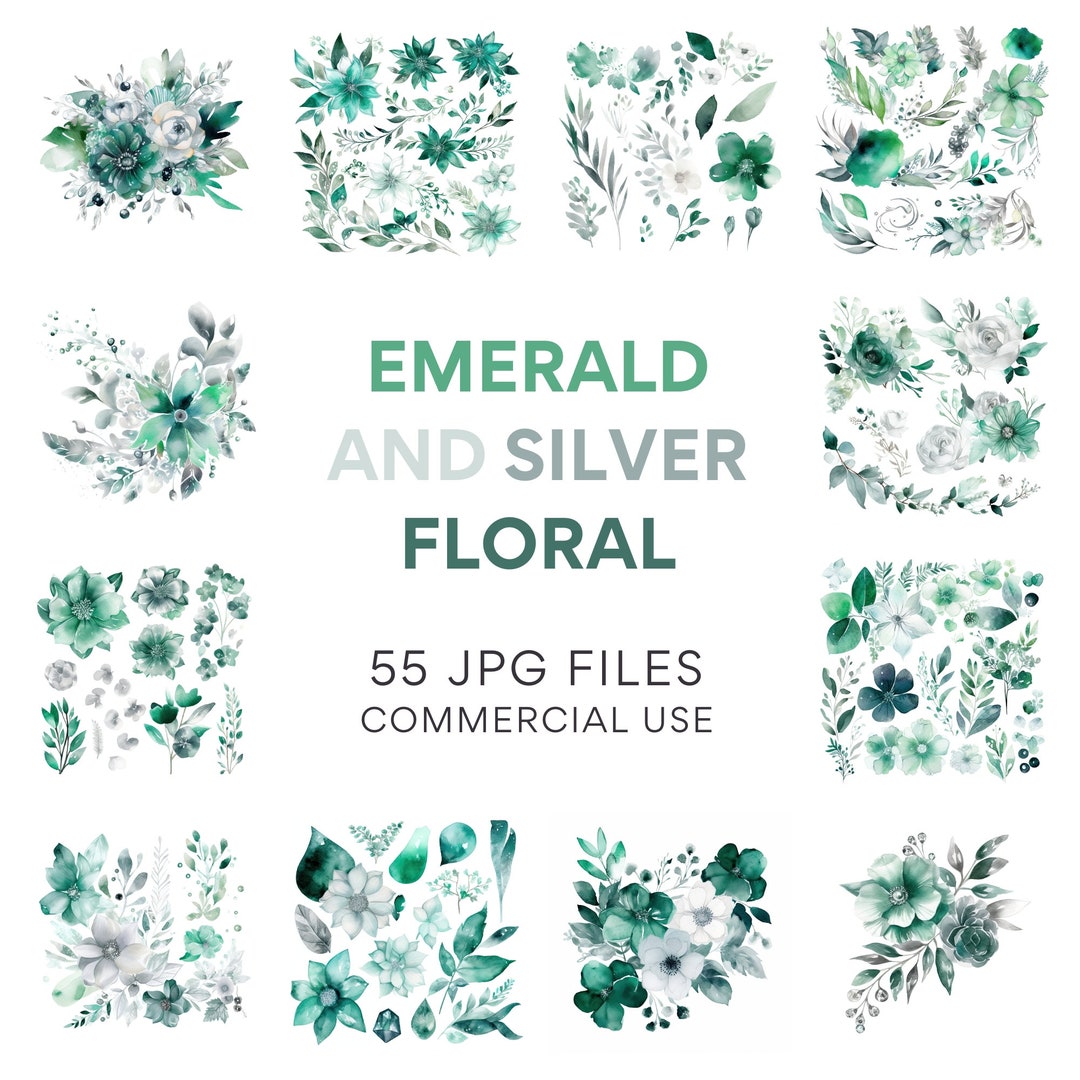 Emerald and Silver Floral Clipart: Rose & Green Bouquets, Vintage ...