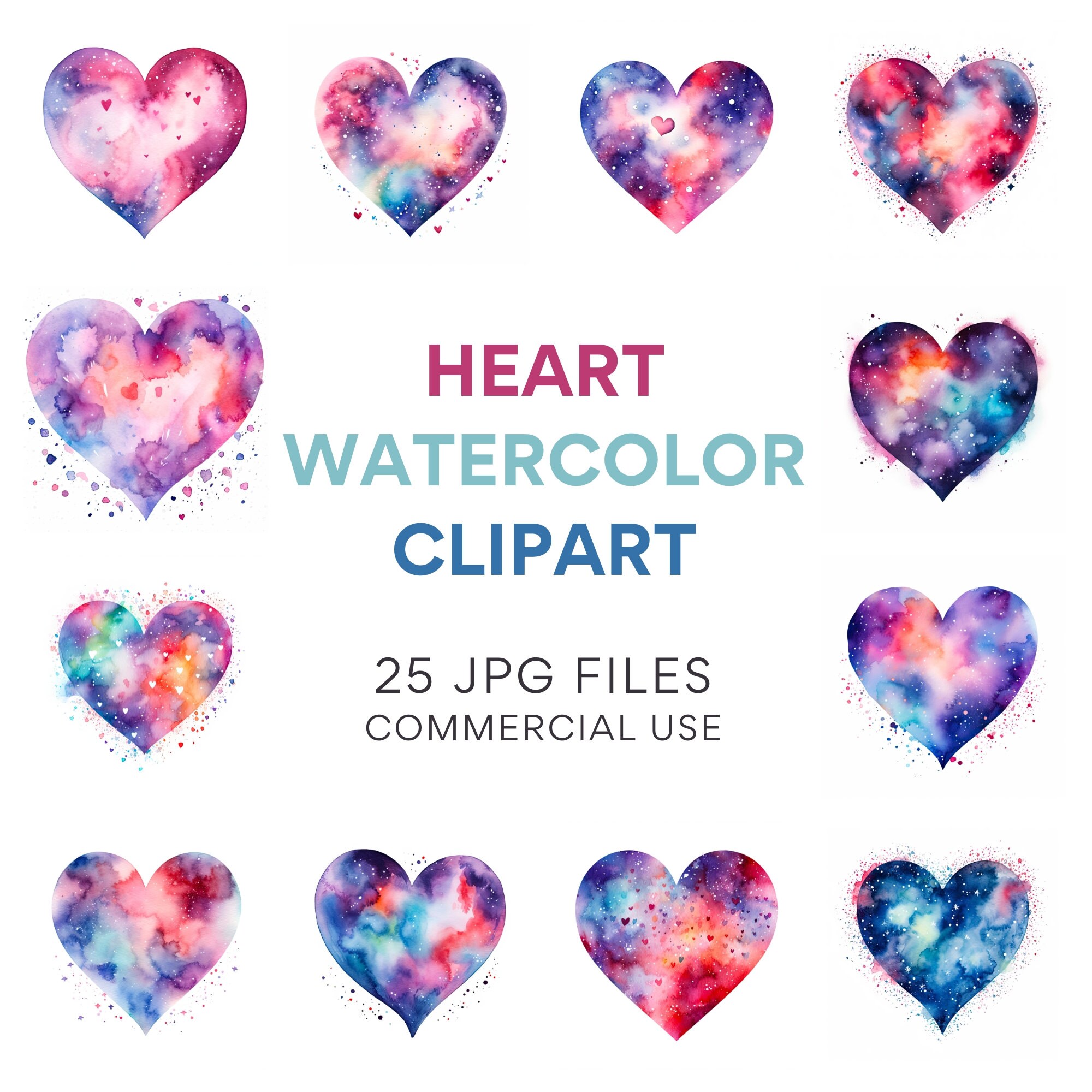 Heart Clipart, Watercolor Heart Images, Love, Digital Download ...