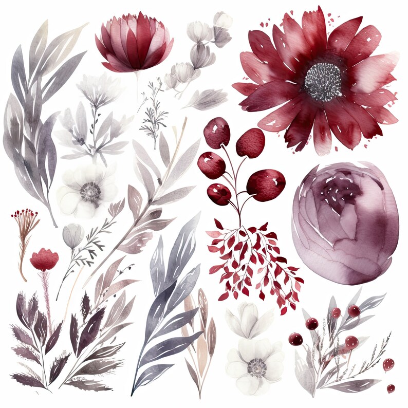 Burgundy and Silver Floral Clipart 28 High-quality Jpgs Watercolor ...