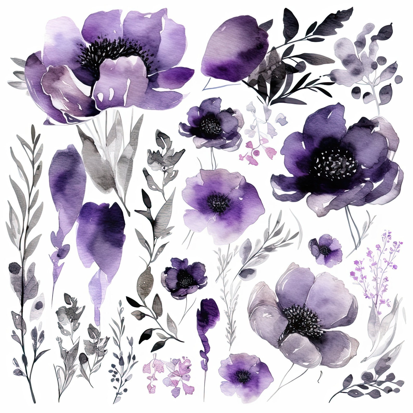 Black Purple & Silver Floral Clipart - Vintage Lavender Bouquets ...
