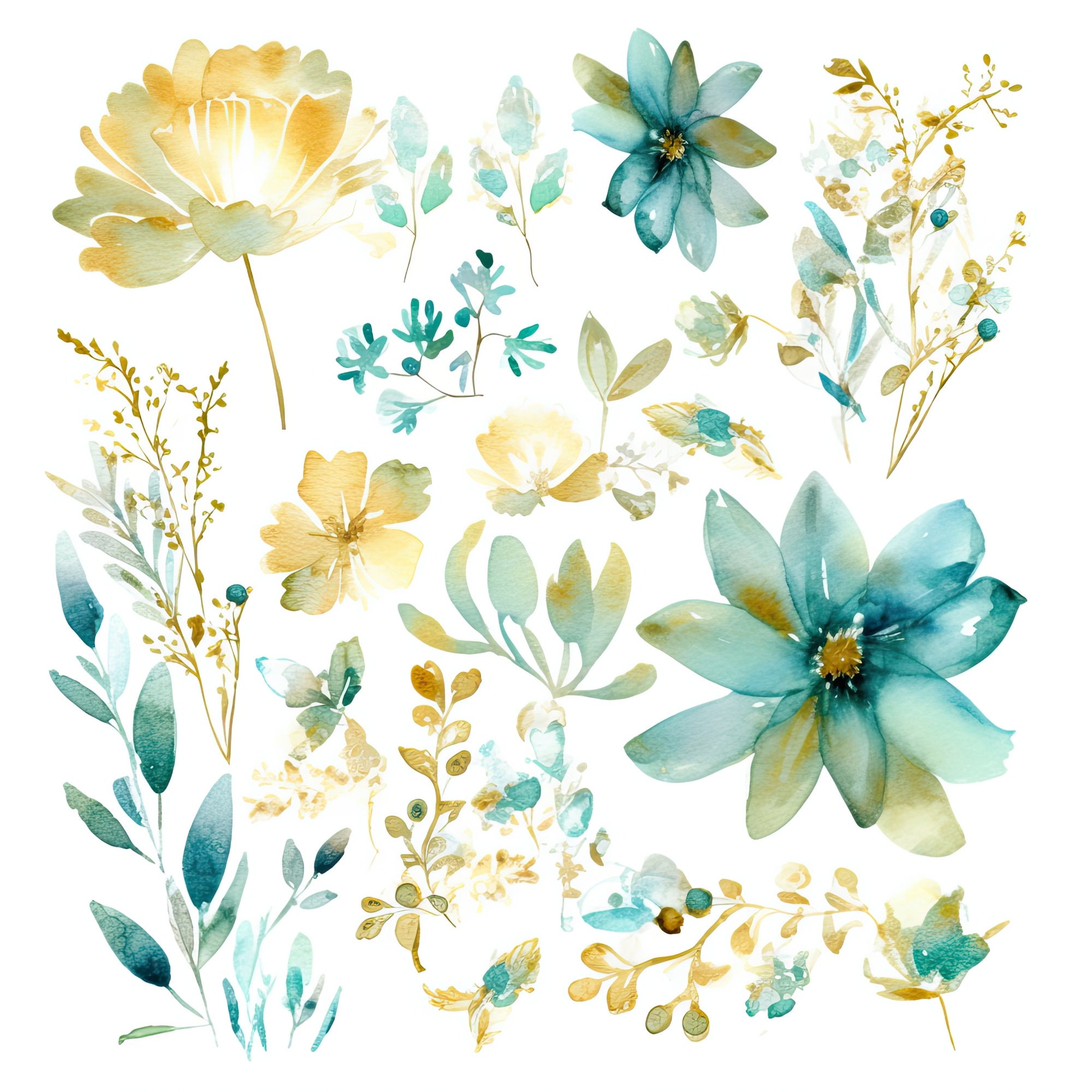 Aqua and Gold Floral Clipart, Aqua Flowers, Watercolor Floral Clip Art ...