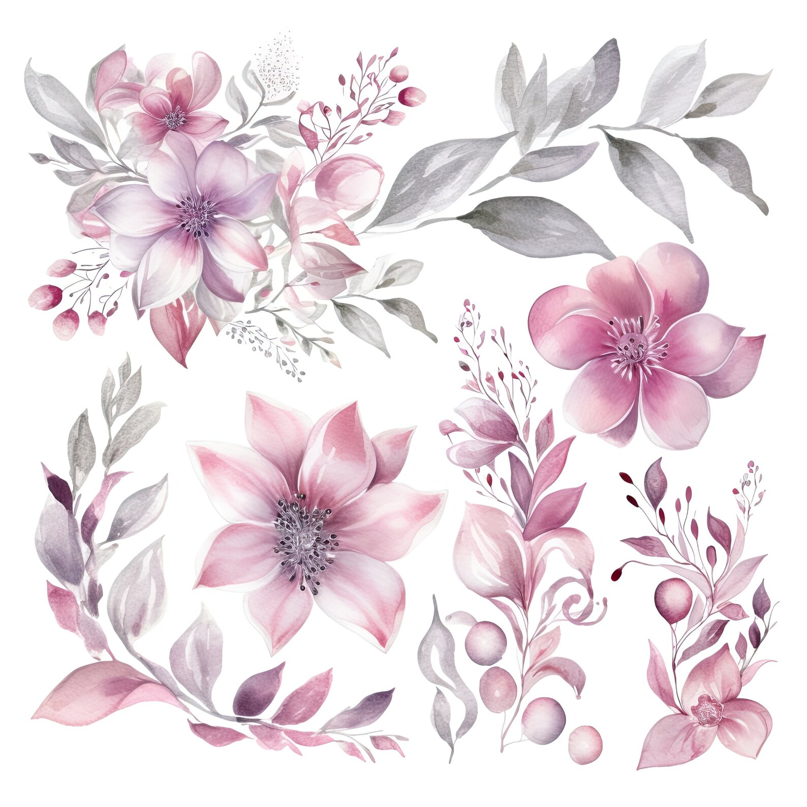 Pink and Silver Floral Clipart: Vintage Flowers With Silver Glitter ...